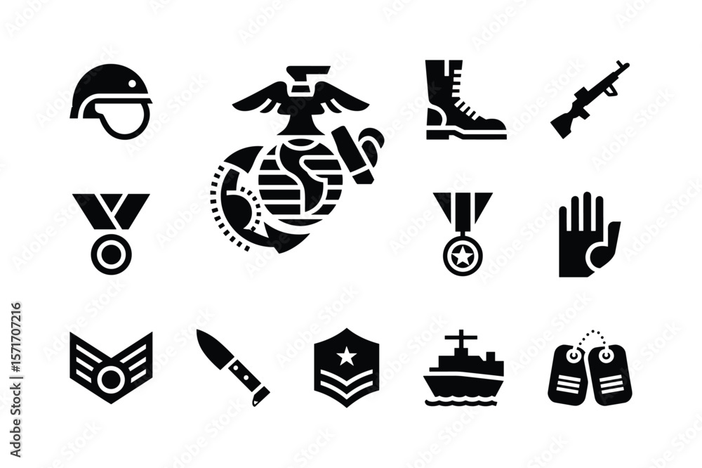 Military symbols including helmet rifle boot eagle emblem medals knife ...