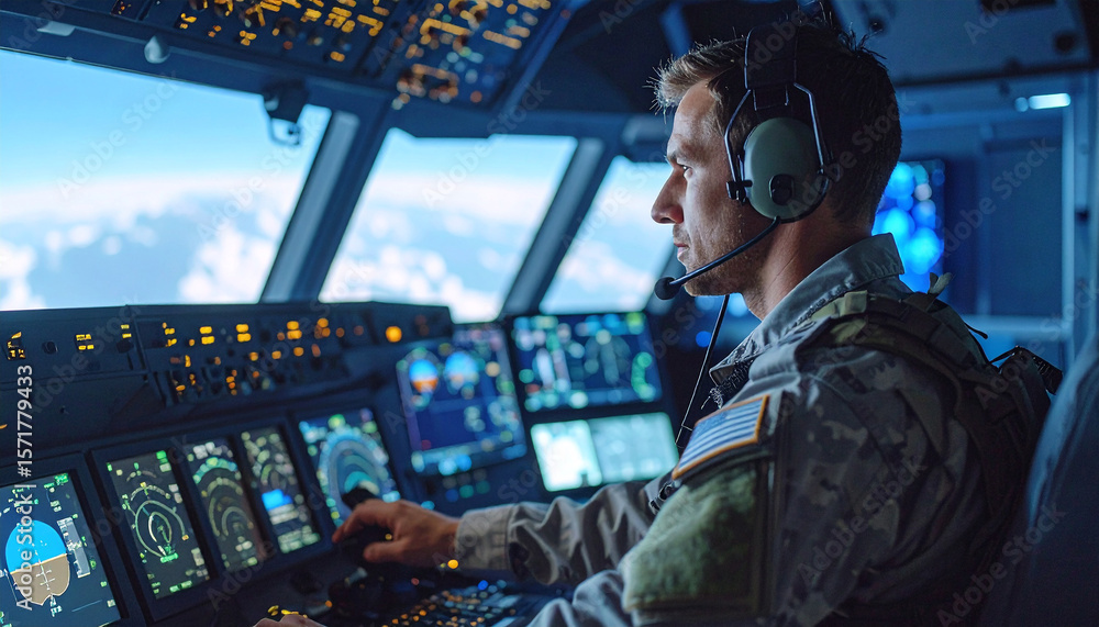 Photo Stock Pilot in Cockpit: A focused pilot, wearing a headset ...