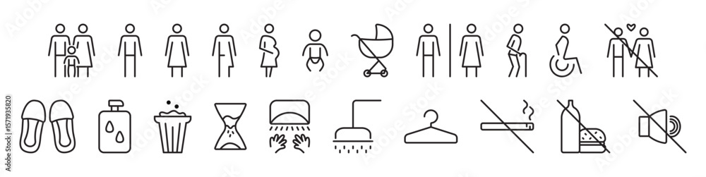 Public restroom black line icon set, lgbt friendly editable stroke WC ...