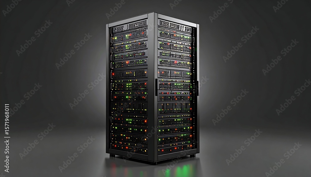 Dark gray server rack with illuminated components Stock Photo | Adobe Stock