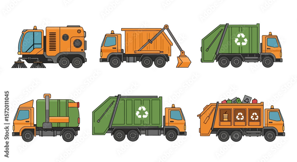 Collection of Six Illustrated Garbage Trucks: Street Sweeper Dump Truck ...