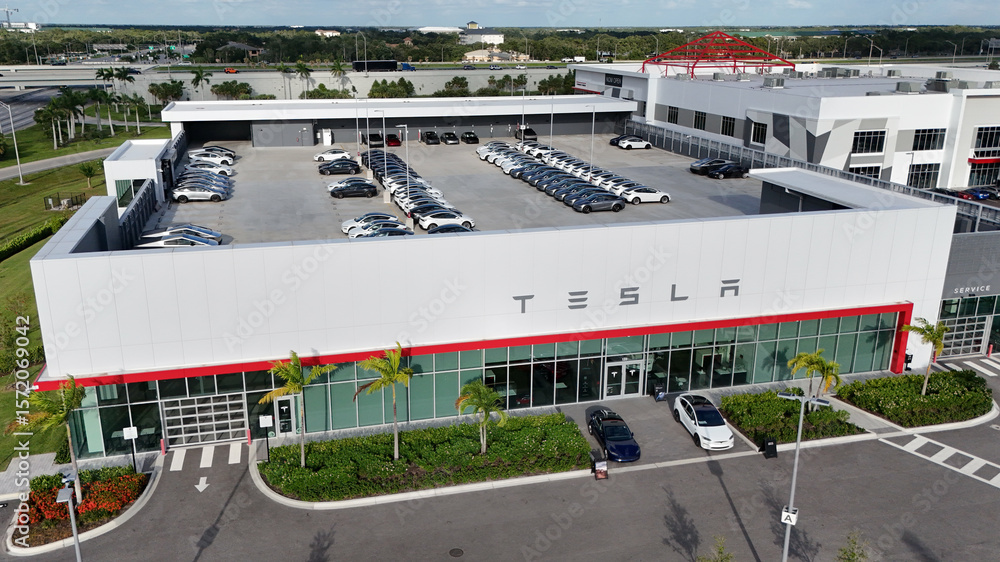 South Florida Tesla dealership and car inventory on the roof Stock ...
