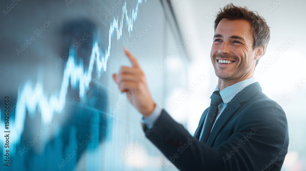 A businesswoman smiling and pointing at a stock market graph on a ...