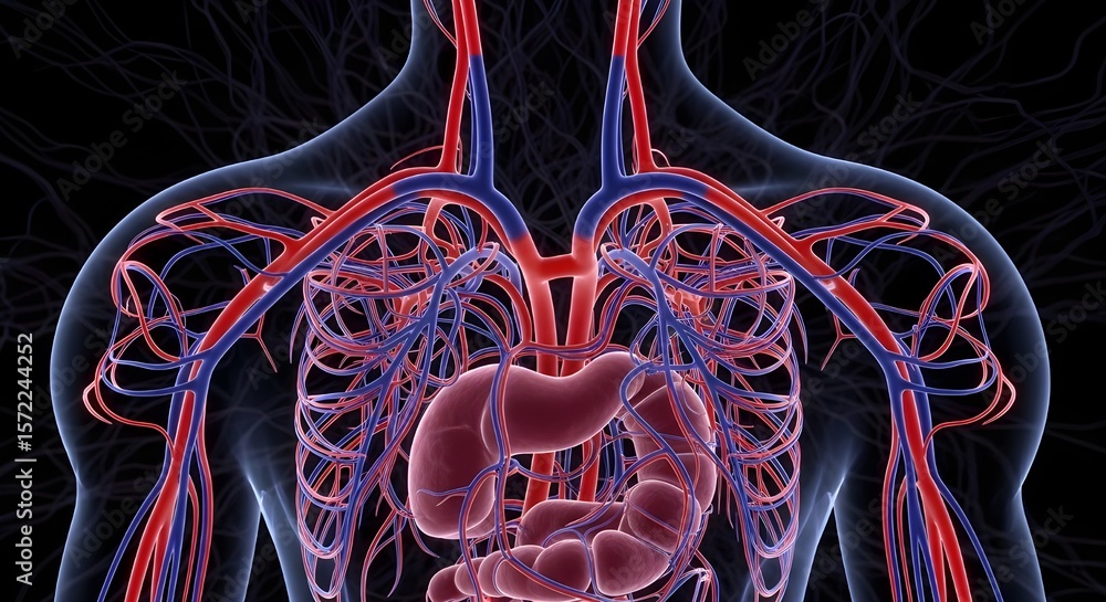 Anatomical illustration showing the human circulatory system ...