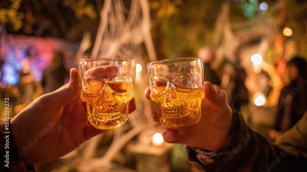 Two people toast with skull-shaped glasses filled with amber liquid at ...