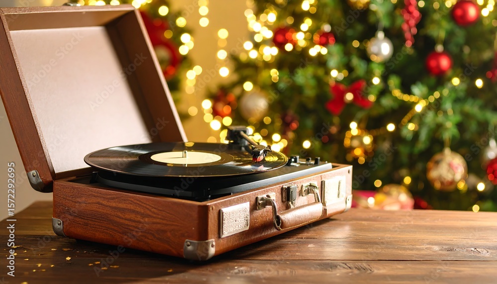 Vintage record player, Christmas tree Stock Photo | Adobe Stock