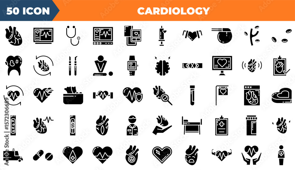 Cardiology Solid Editable Icons set. Vector illustration in modern thin ...