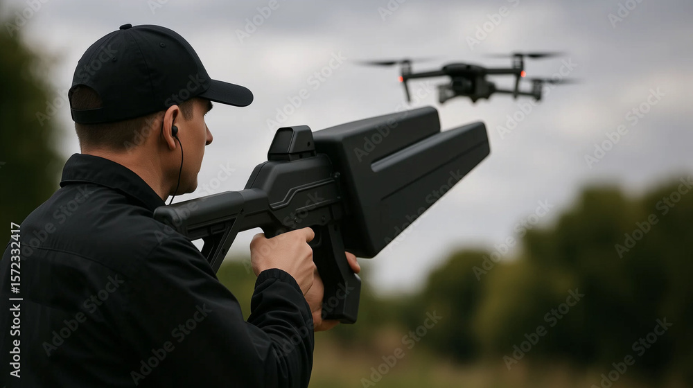 Anti drone gun operator aiming at flying drone in outdoor environment ...