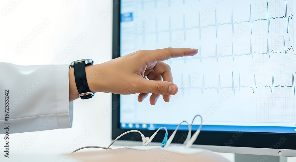 Doctor pointing at ECG monitor displaying heart rate data Stock Photo | Adobe Stock