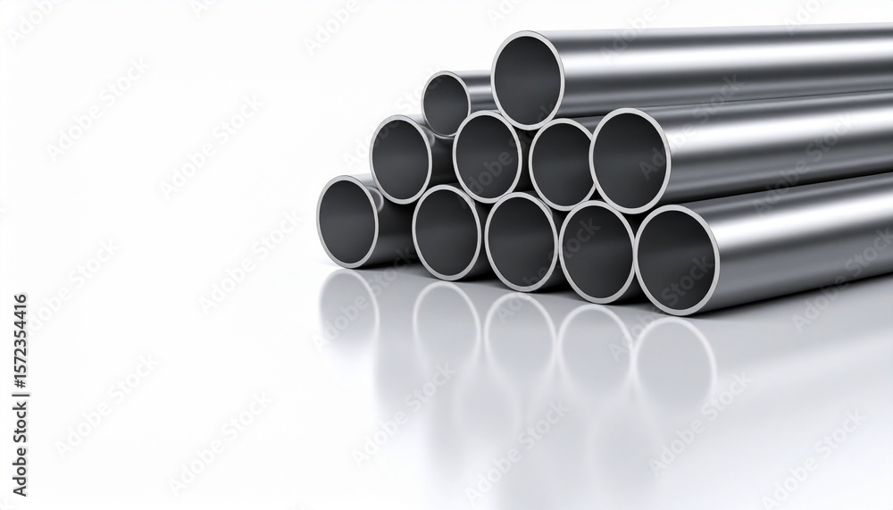 Shiny galvanized steel pipes are neatly stacked on clean white floor ...