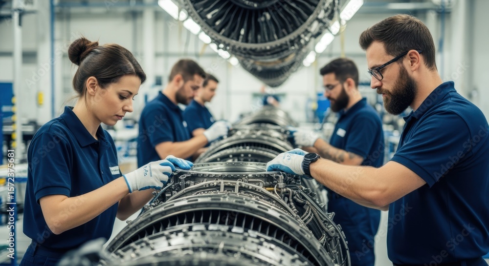 Team of aircraft mechanics working on jet engine assembly in a modern ...