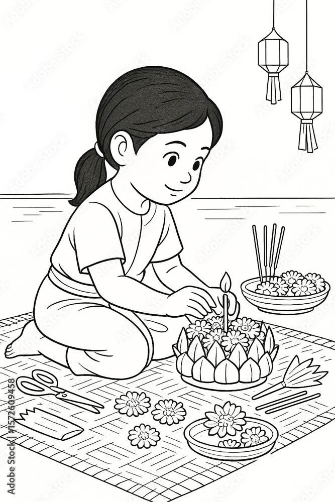 Color & Learn Thai Child Making a Krathong – Loy Krathong Festival ...