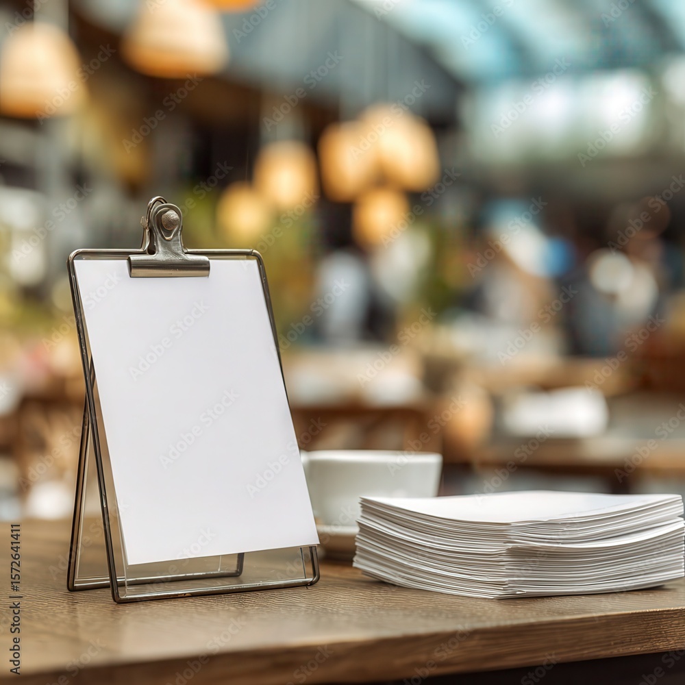 Mock-up of a blank menu label frame on a bar restaurant table, acrylic ...