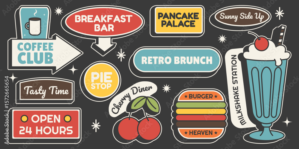 Retro sticker set. Diner and cafe food signs in vintage midcentury ...