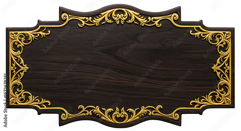 An ornate wood sign with an elegant gold frame displays a rustic yet ...
