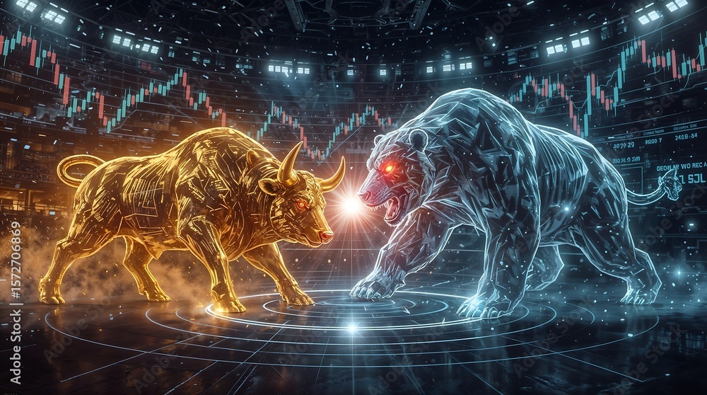 Ilustrace Bitcoin Bull Vs Crypto Bear Epic Clash In Futuristic