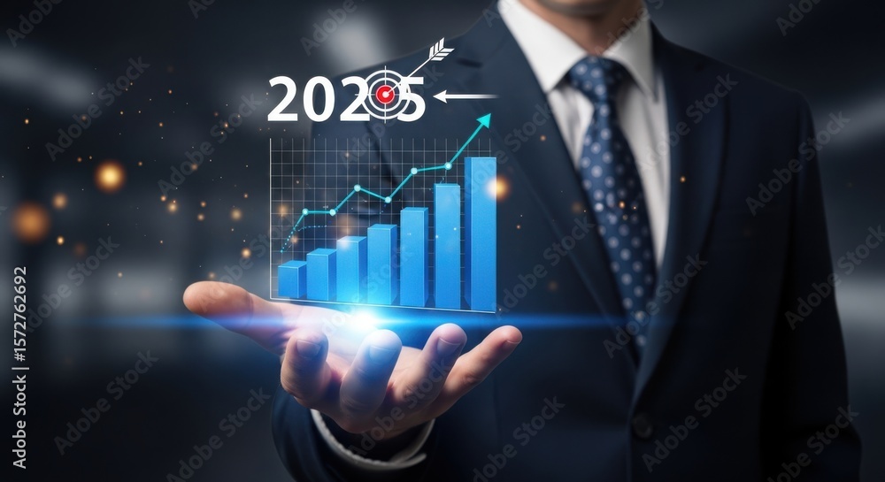 Businessman presenting a positive financial growth chart with the year ...