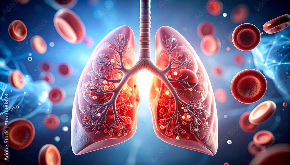 Cinematic render of oxygen transfer in lungs with blood cells, soft ...