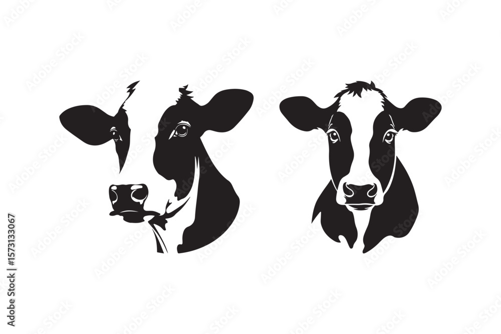 Stylized black and white cow heads facing different directions Stock ...