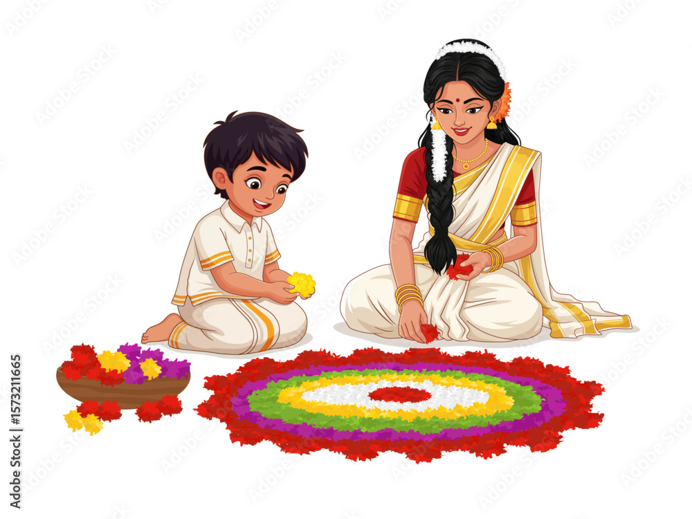 Happy Kerala Woman and Child Making Pookalam Flower Rangoli for Onam ...