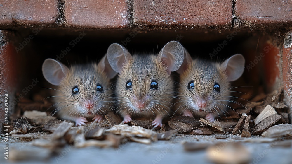 Three adorable mice peeking out from a dark brick opening, their ...