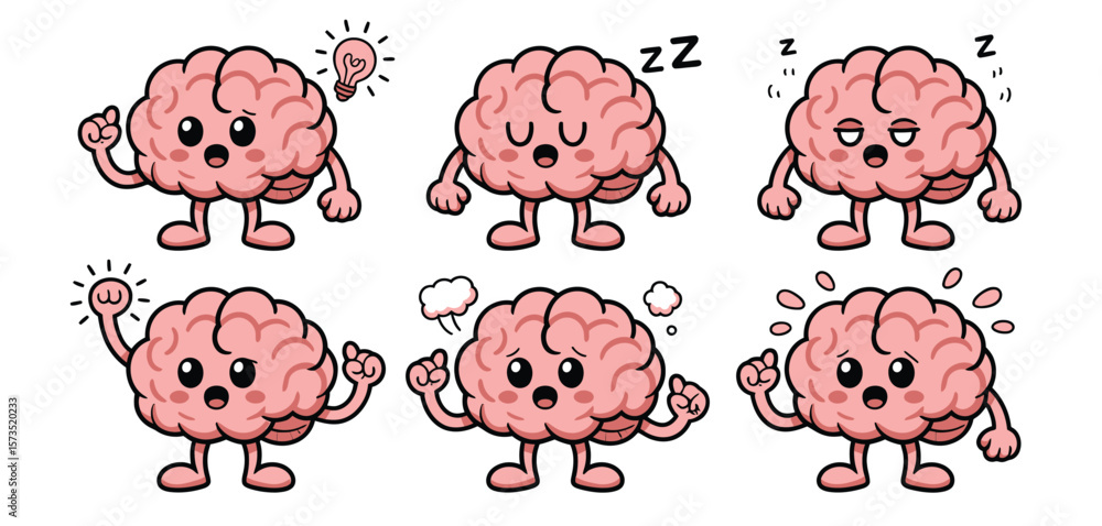 Cute cartoon brain characters showing different emotions and ideas ...