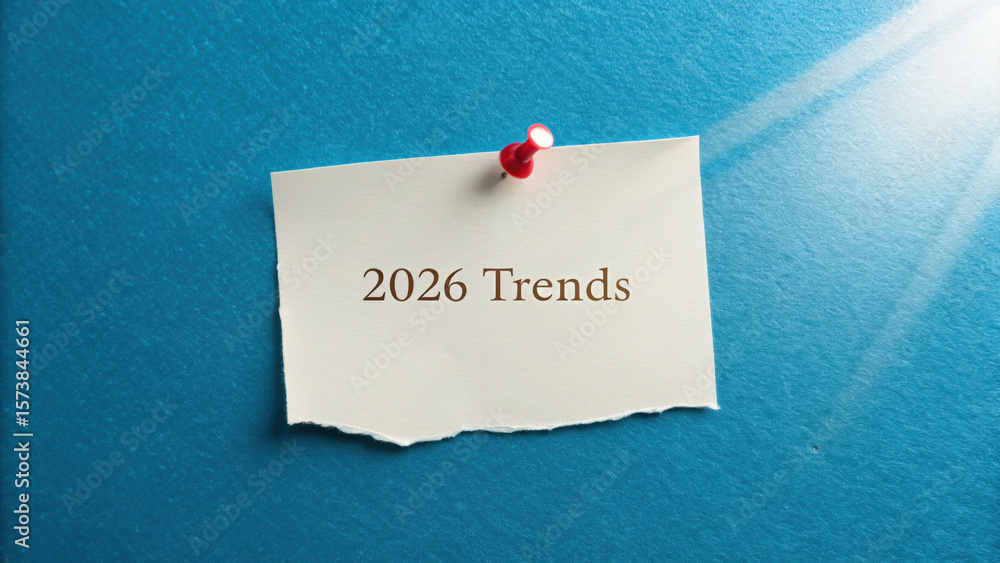 Trends for 2026 on torn paper note pinned to blue background ...