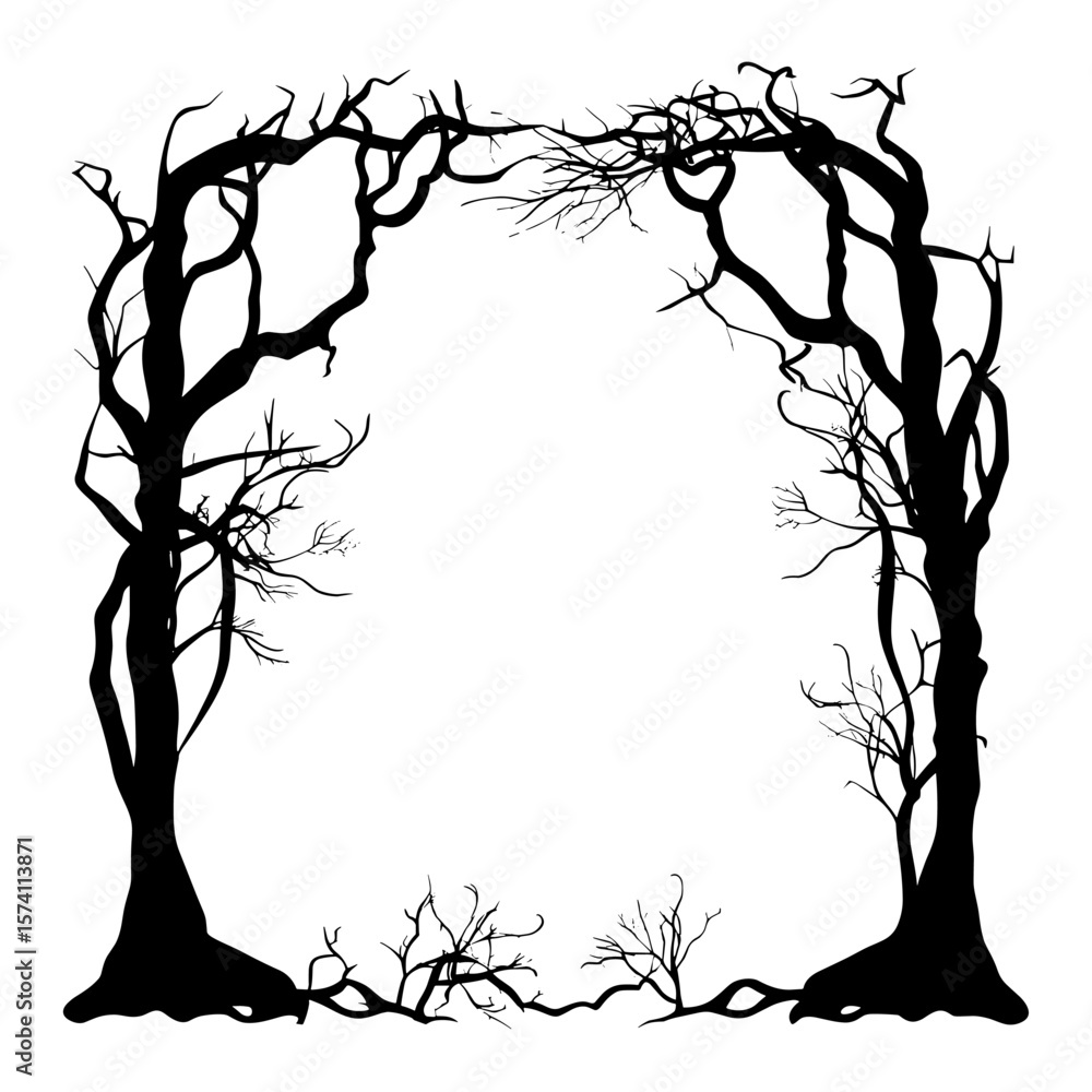 Frame with Haunted trees silhouette illustration art vector Stock ...
