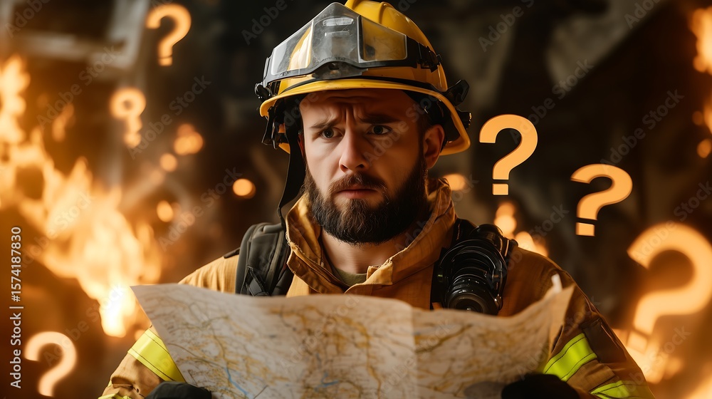 Pensive male firefighter looking at a map amidst a fiery backdrop ...