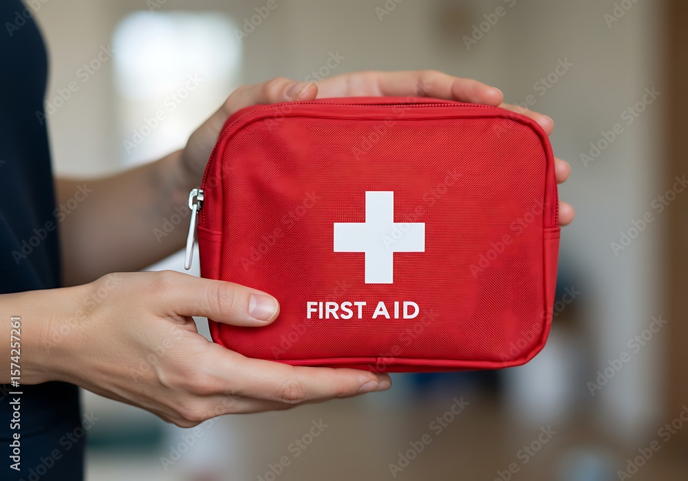Essential first aid kit displayed, ready for immediate use in case of ...