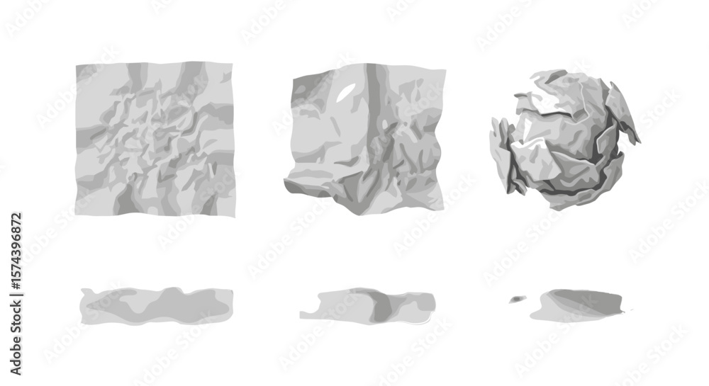 Collection of crumpled paper sheets in various stages of being crushed ...