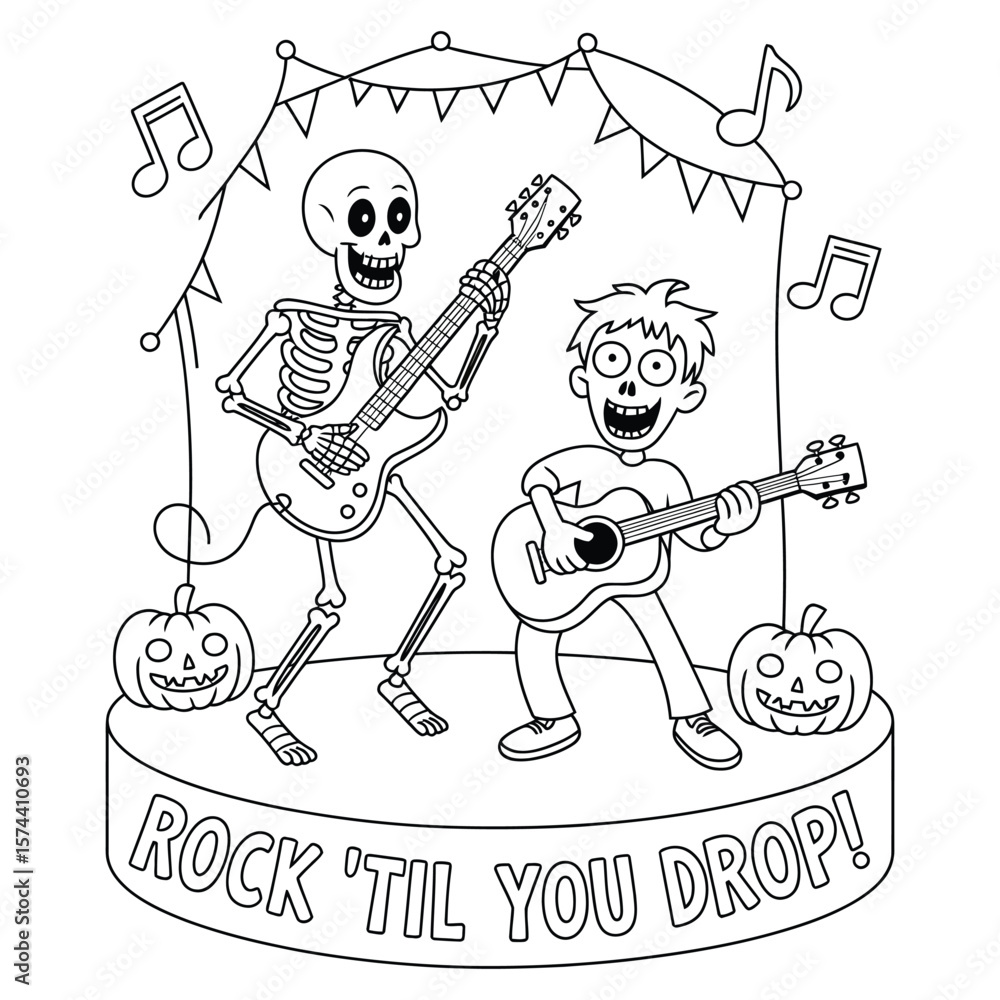 Halloween skeleton and zombie playing guitars on spooky stage with jack ...