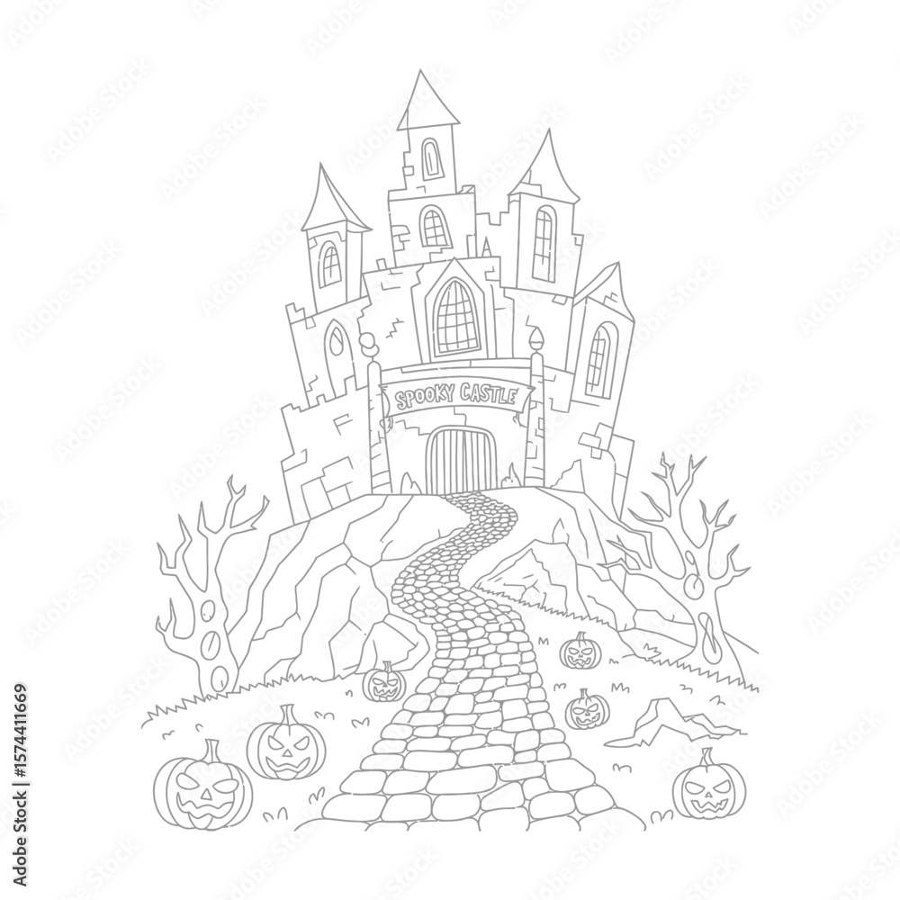 Spooky castle on hill with winding path, turrets, bats, and "Beware ...