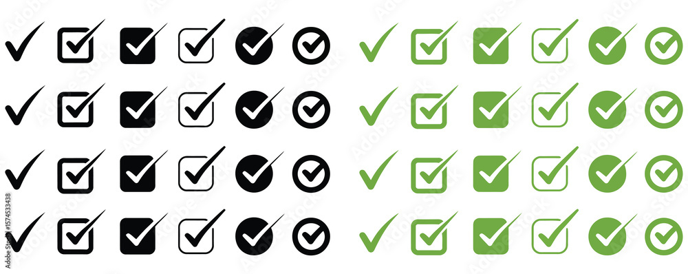 Set of green glossy and black flat check mark. Check mark icons ...