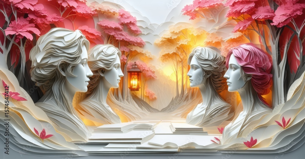 Illustration Stock Papercraft scene depicts busts facing each other ...