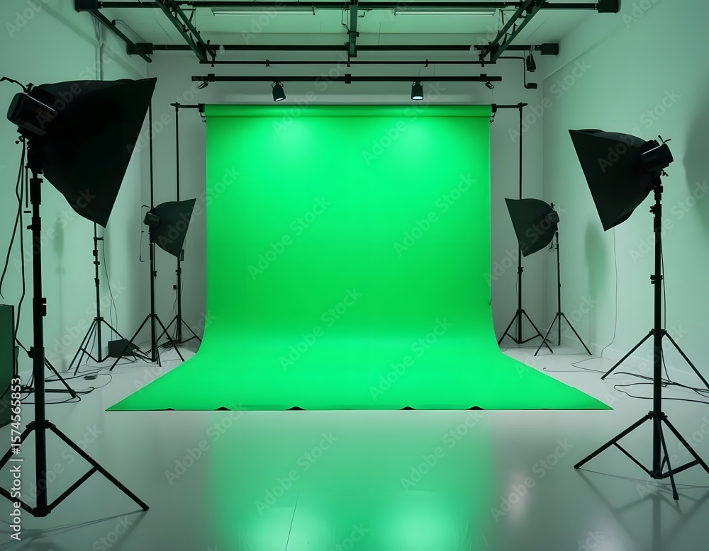 Interior shot of a photography studio with green screen backdrop and ...