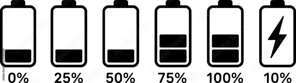 Battery charge level indicators showing different power states and a ...