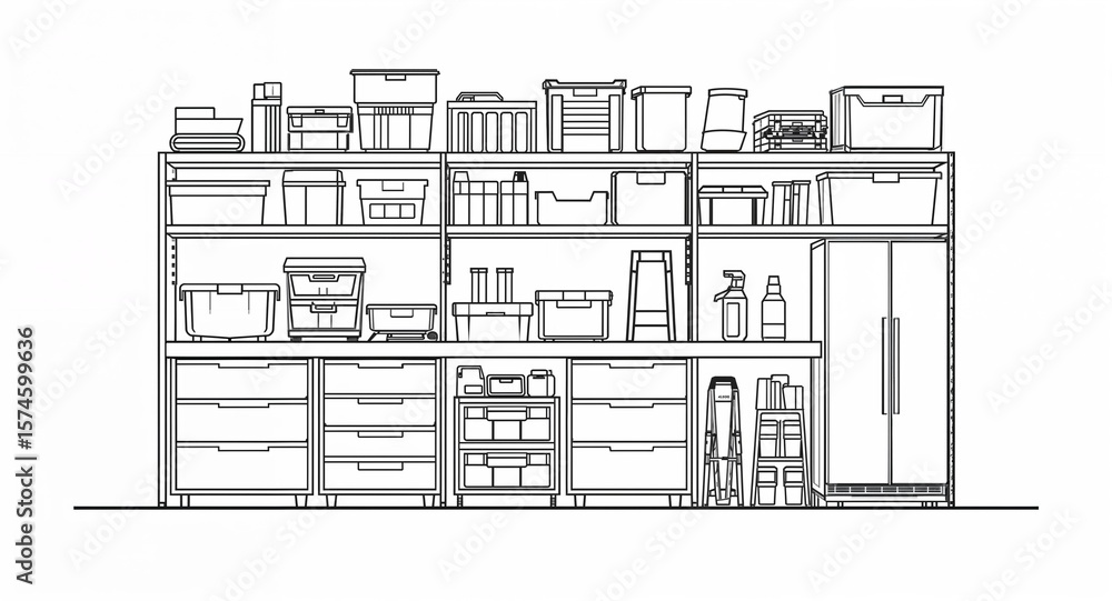 Top down layout of organized garage with storage shelves line art hand ...