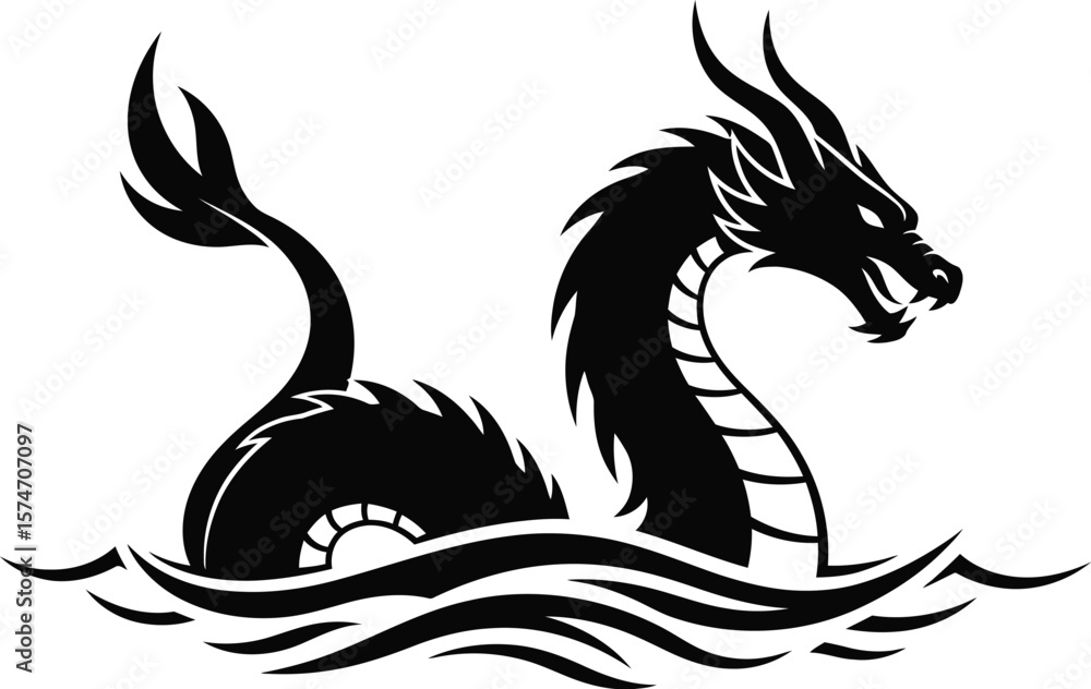 A black silhouette of a sea serpent with horns emerging from the water ...