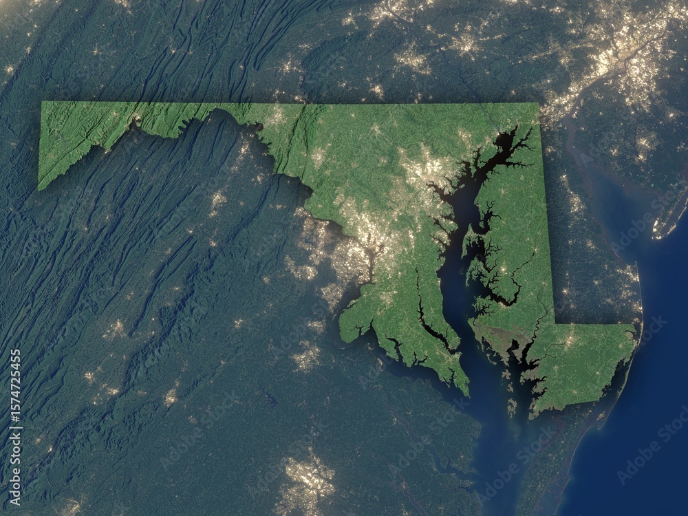 Very detailed night map of Maryland with clear state borders and ...