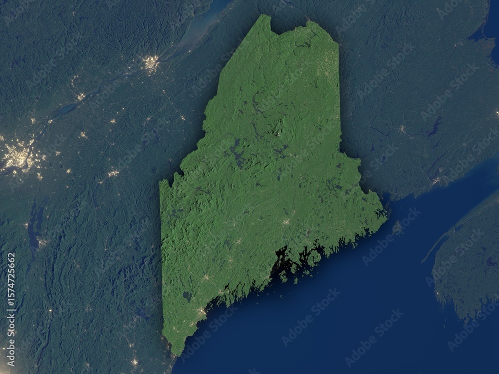 Very detailed night map of Maine with clear state borders and visible ...