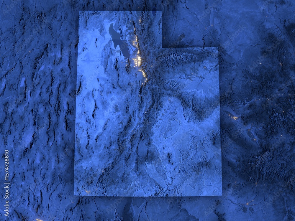 Utah as seen from space at night with visible state borders. Contains ...