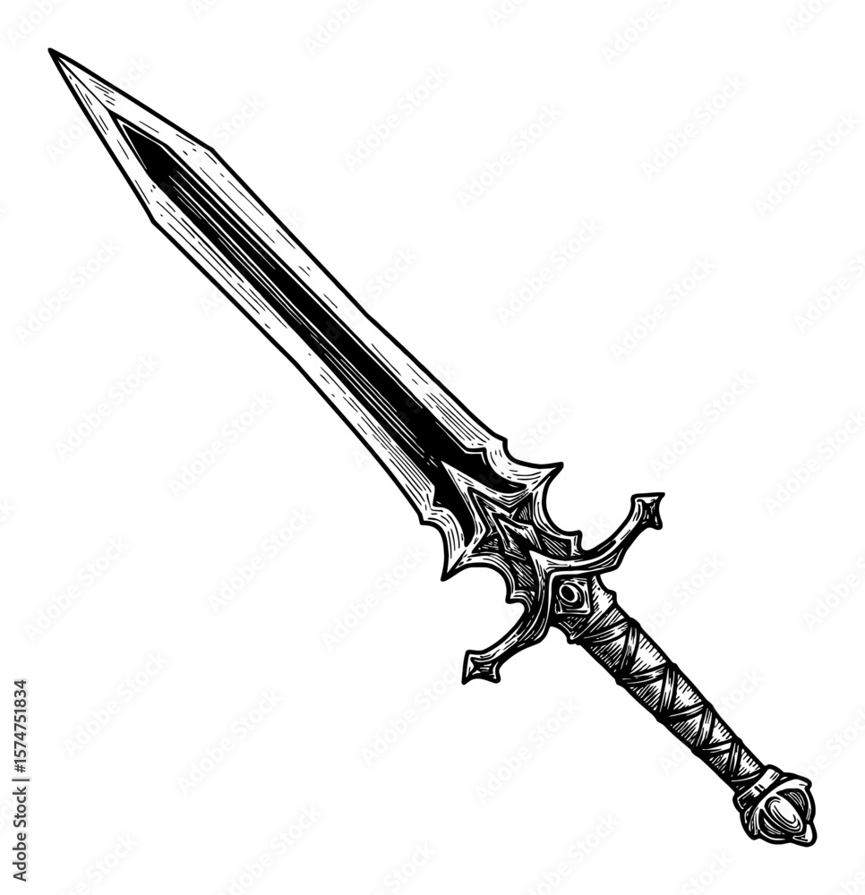 Fantasy Long Sword Detailed Hilt Blade Black and White Outline Line Art ...
