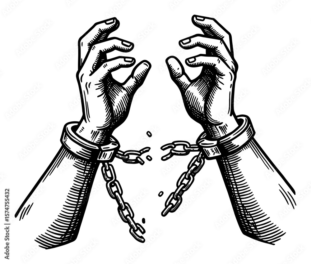 Handcuffed Hands Breaking Free from Chains in Vintage Black and White ...