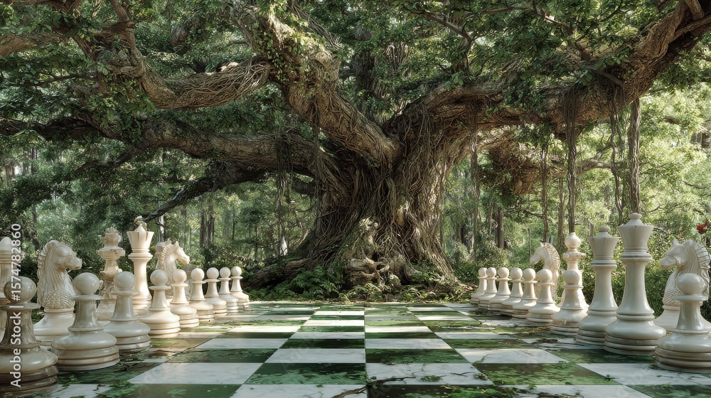 Chess game under sustainable lush tree signifying strategies to protect ...