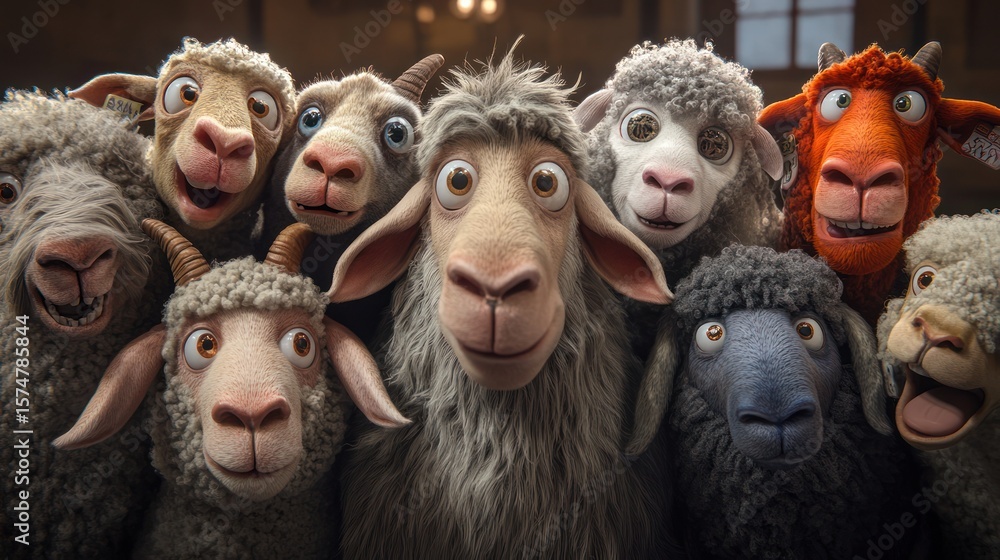 Sheep and goats crowd, barn background, happy faces, animation film ...