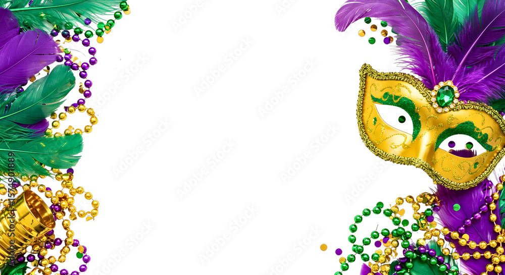 Mardi gras mask and beads border with feathers isolated on transparent ...