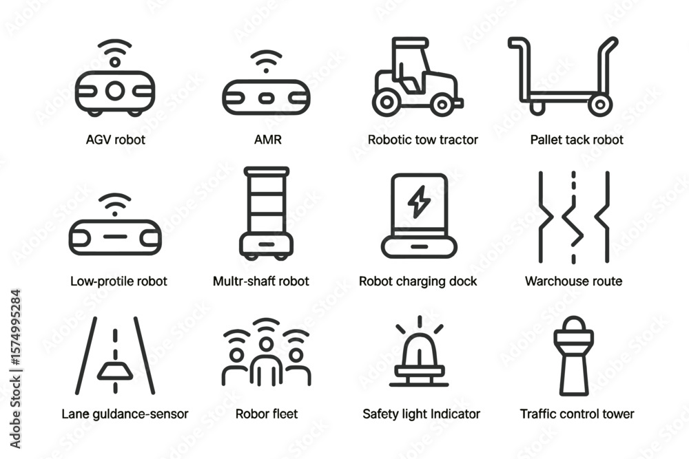 Autonomous robots and sensors icons for modern warehousing solutions ...