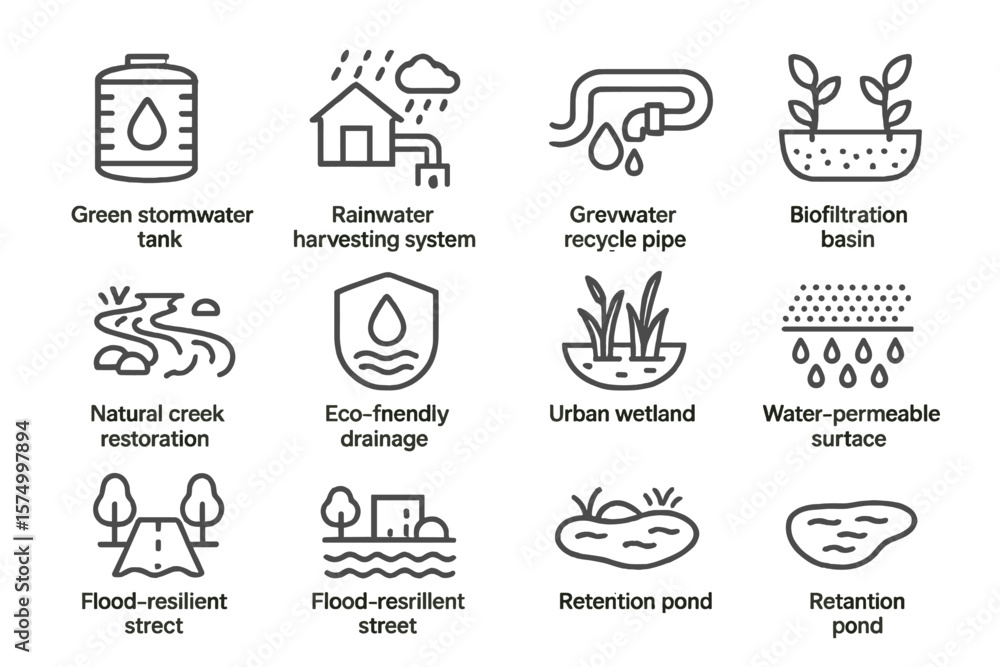 Sustainable urban drainage systems icons for eco-friendly water ...
