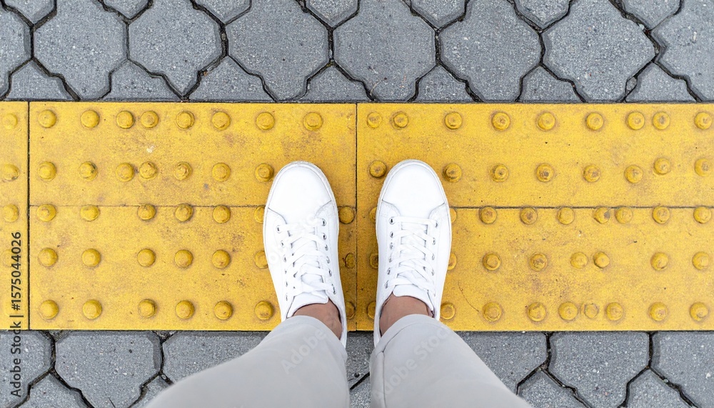 Person stands on tactile paving, walking with white sneakers through ...